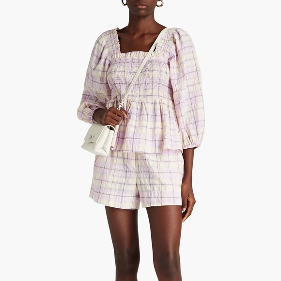 Ganni | Tops | Ganni Shirred Checked Organic Cottonblend Seersucker Top ...